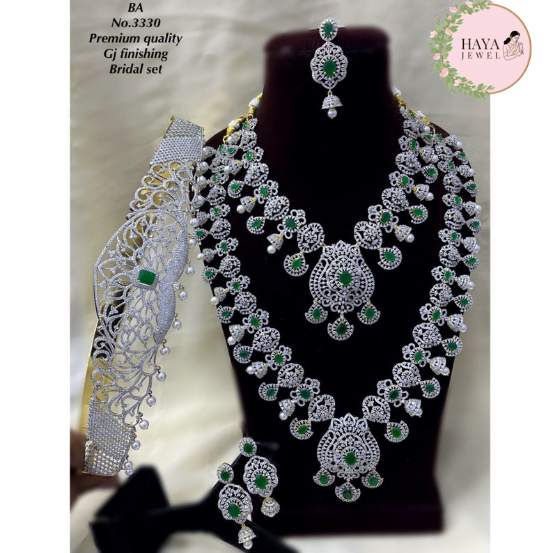 American Diamond Necklace Long Haar Hipbelt Mangtika Bridal Set CZ ...