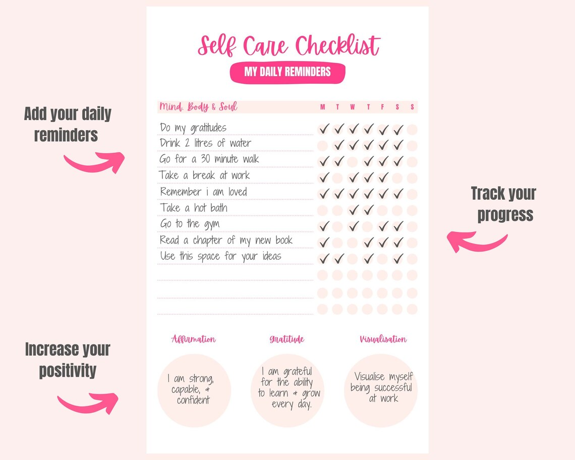 Self Care Checklist Planner for Mental Health and Wellness. Printable ...