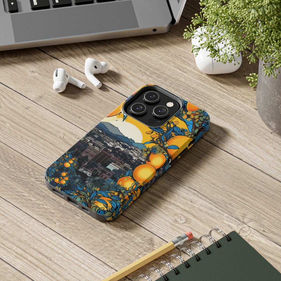 Bold Citrus Grove and City Skyline Sunset Tough iPhone Case, iPhone 14 ...