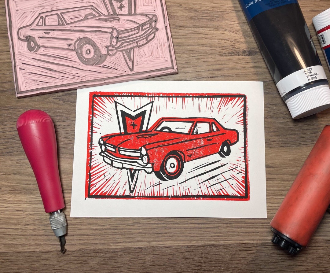 1965 Pontiac GTO, 5x7 Original Linoleum Art Print, Hand Carved and Hand ...