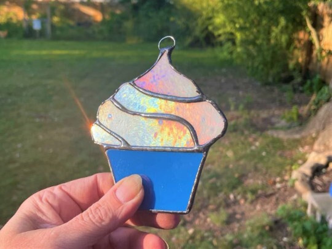 Iridescent White Cupcake Stained Glass, Glass Art, Suncatcher, Unique ...