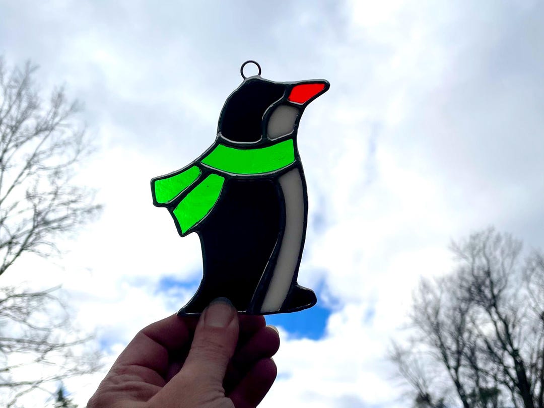 Penguin With Green Scarf Stained Glass, Glass Art, Suncatcher, Unique ...