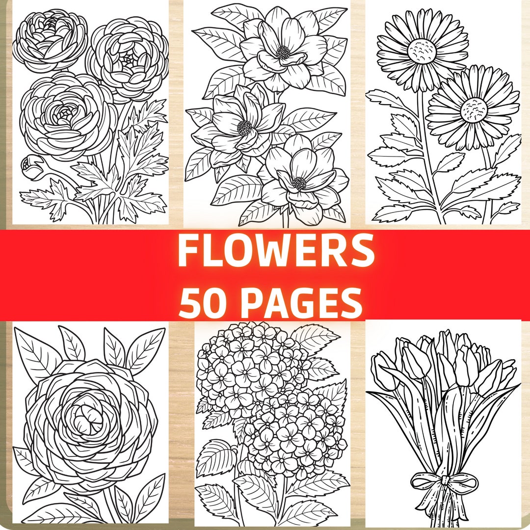 Flowers Coloring Pages, 50 Pages, Fun Floral, Coloring Pages, for Kids ...