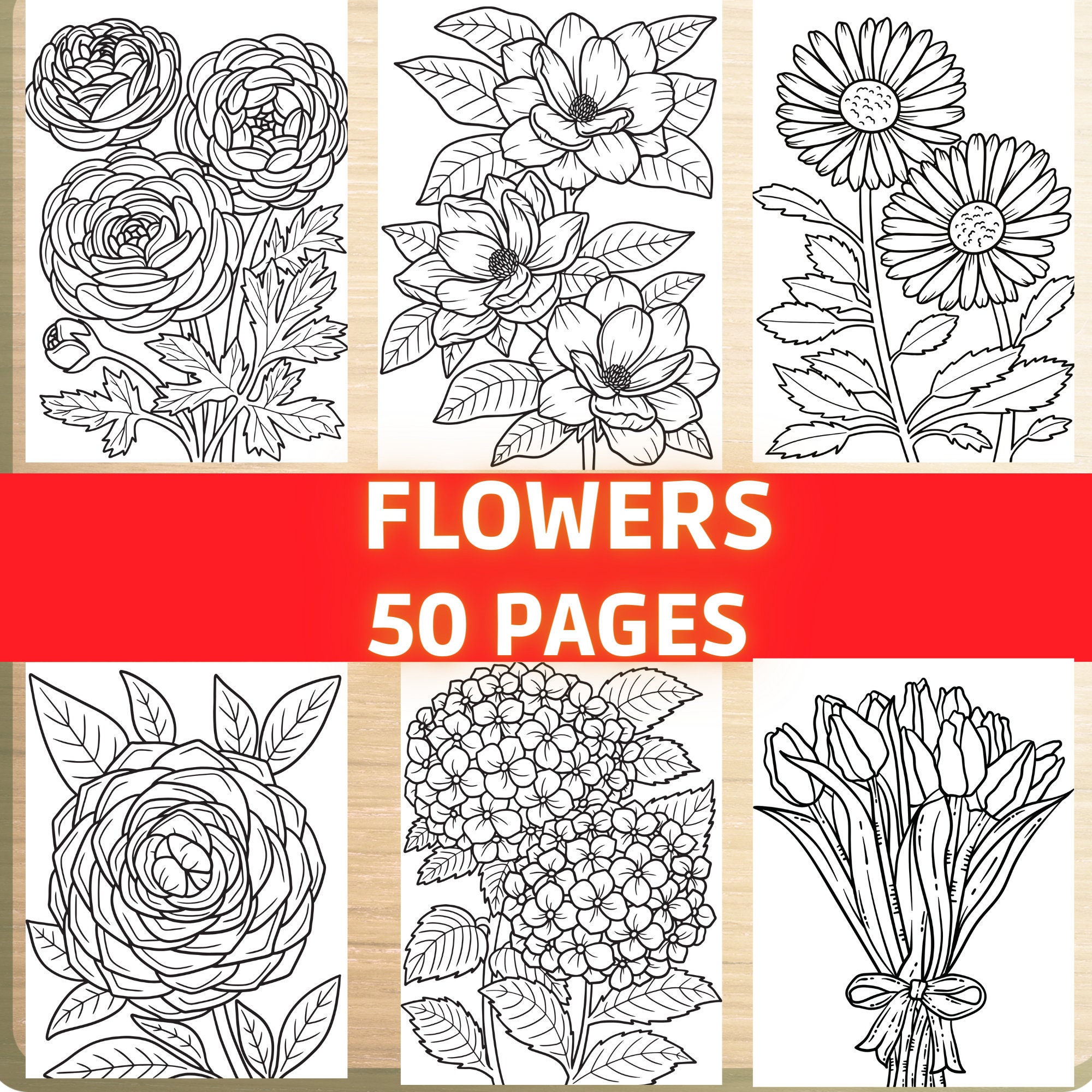 Flowers Coloring Pages, 50 Pages, Fun Floral, Coloring Pages, for Kids ...