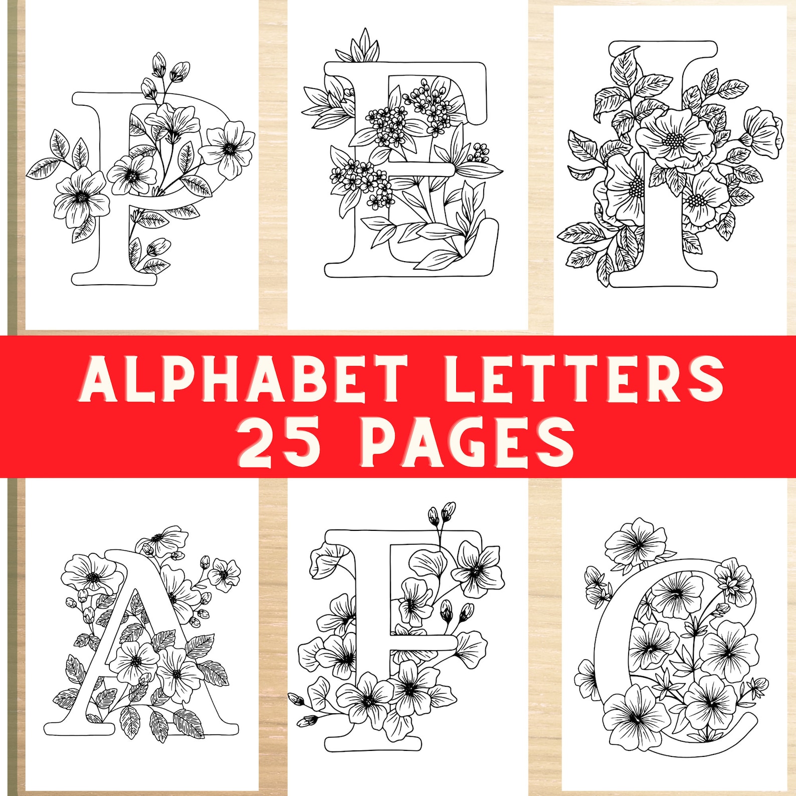 Floral Alphabet Coloring Pages, Floral Lettering Sheets, Printable ...