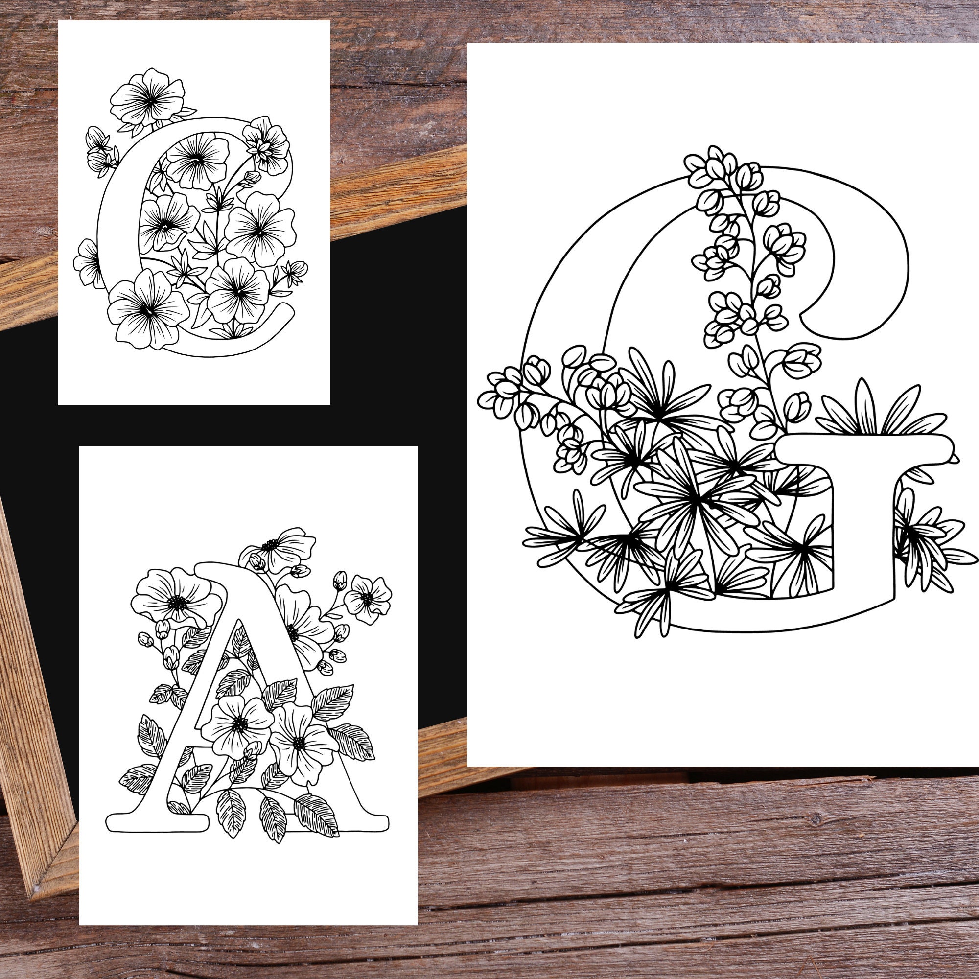 Floral Alphabet Coloring Pages, Floral Lettering Sheets, Printable ...