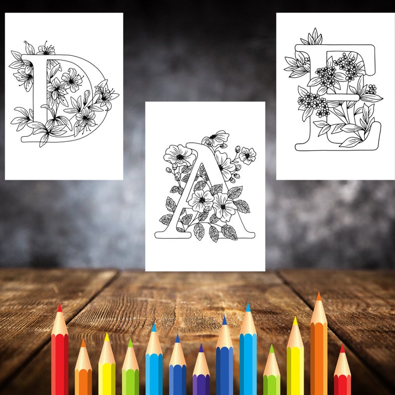 Floral Alphabet Coloring Pages, Floral Lettering Sheets, Printable ...