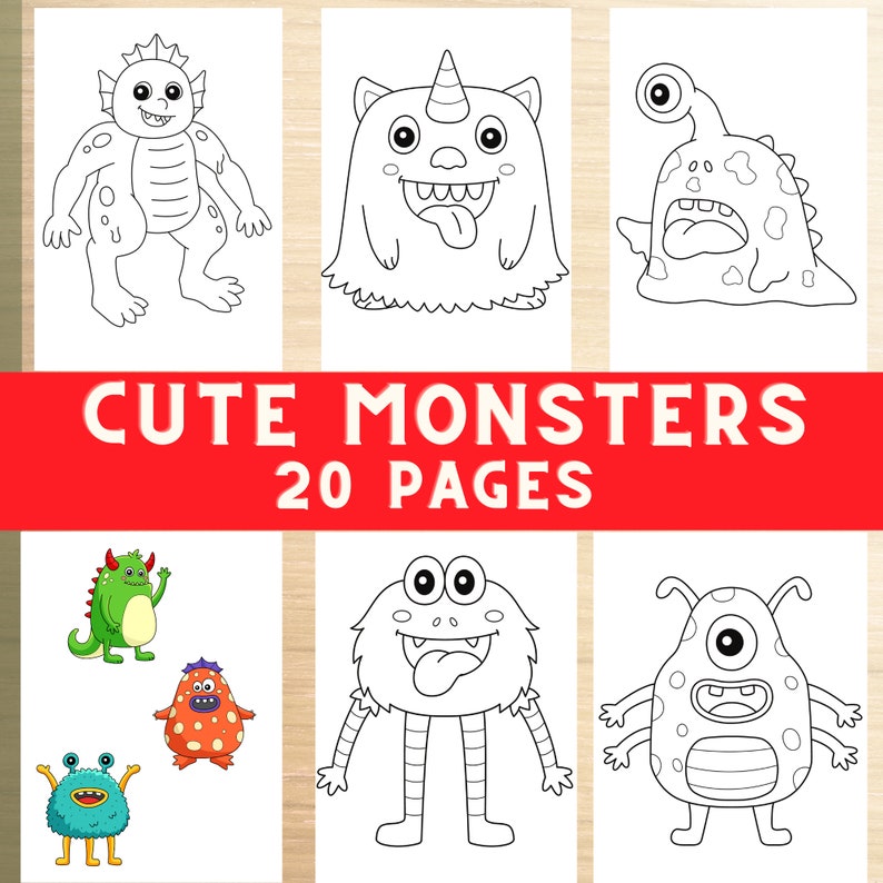 Coloring Cute Monsters, Kids Printable Design, Monsters Coloring Book ...
