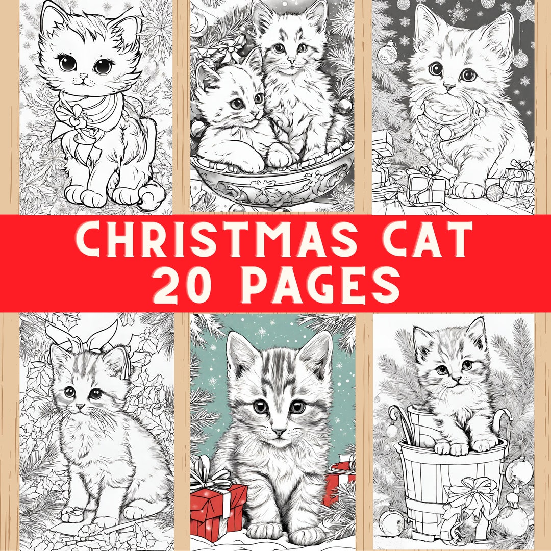 Christmas Kitten Coloring Pages, Holiday Cat Drawings, Printable ...