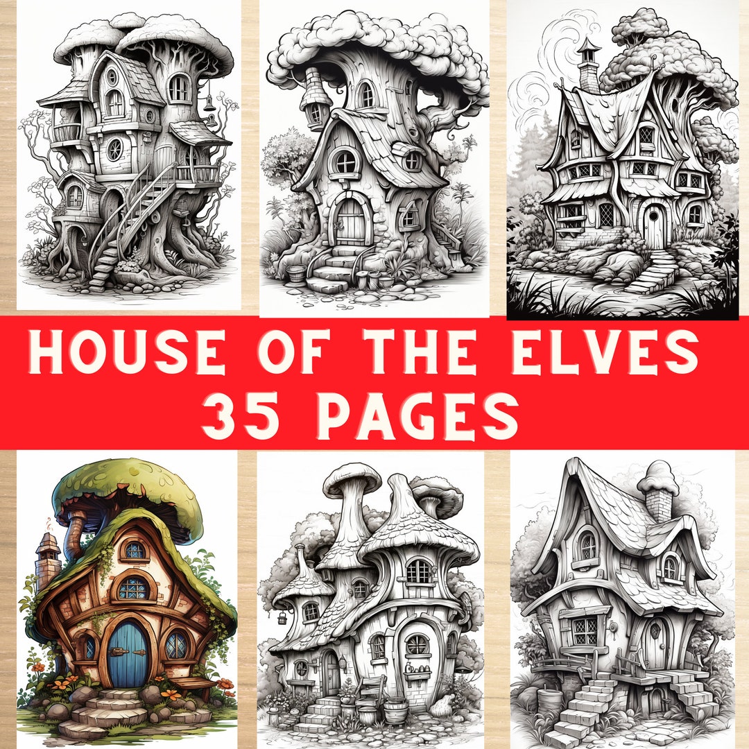 Elf Houses Coloring Pages , Enchanted Elf House Coloring Book,fantastic ...