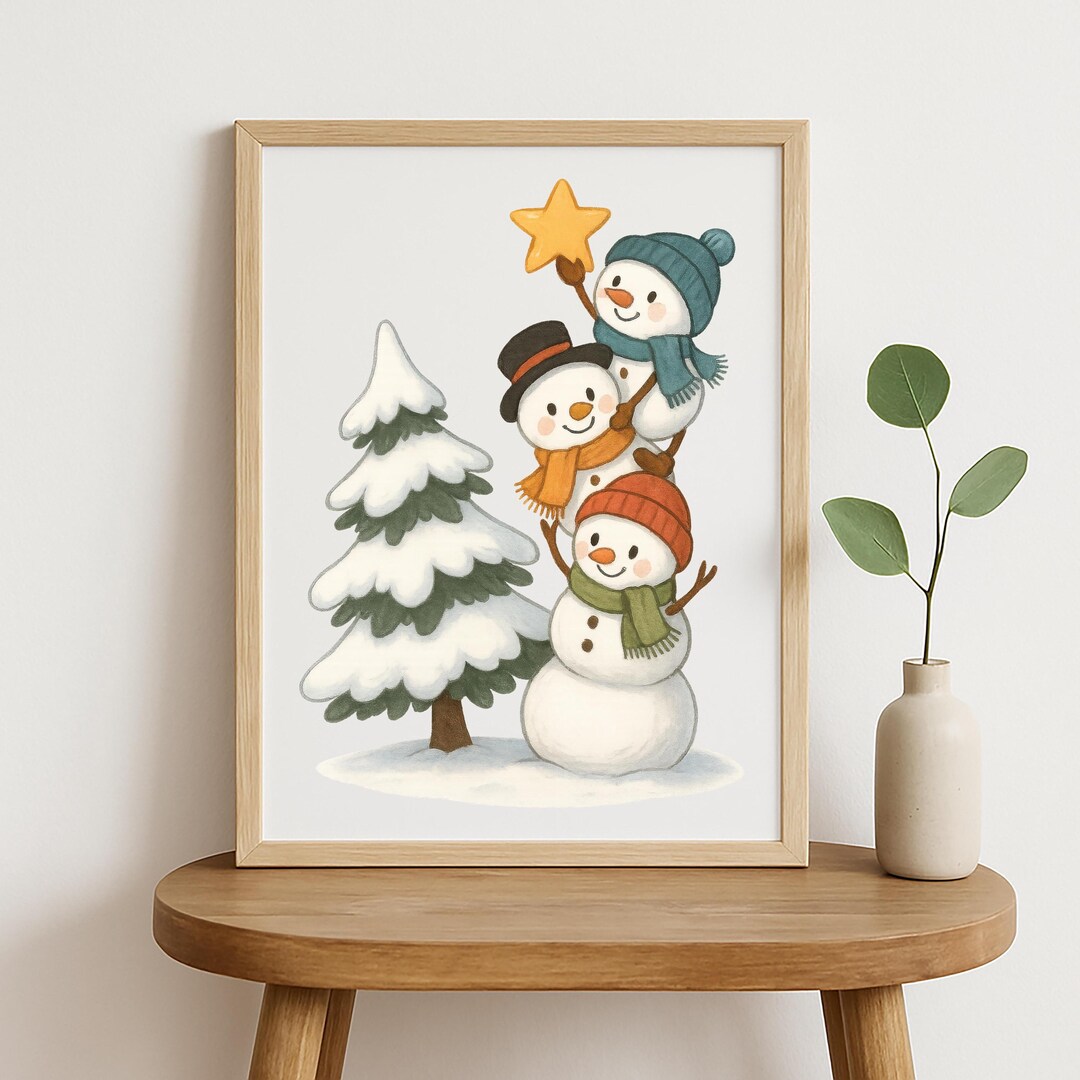 Snowman Christmas Wall Art, Three Snowmen Holiday Print With Tree and ...