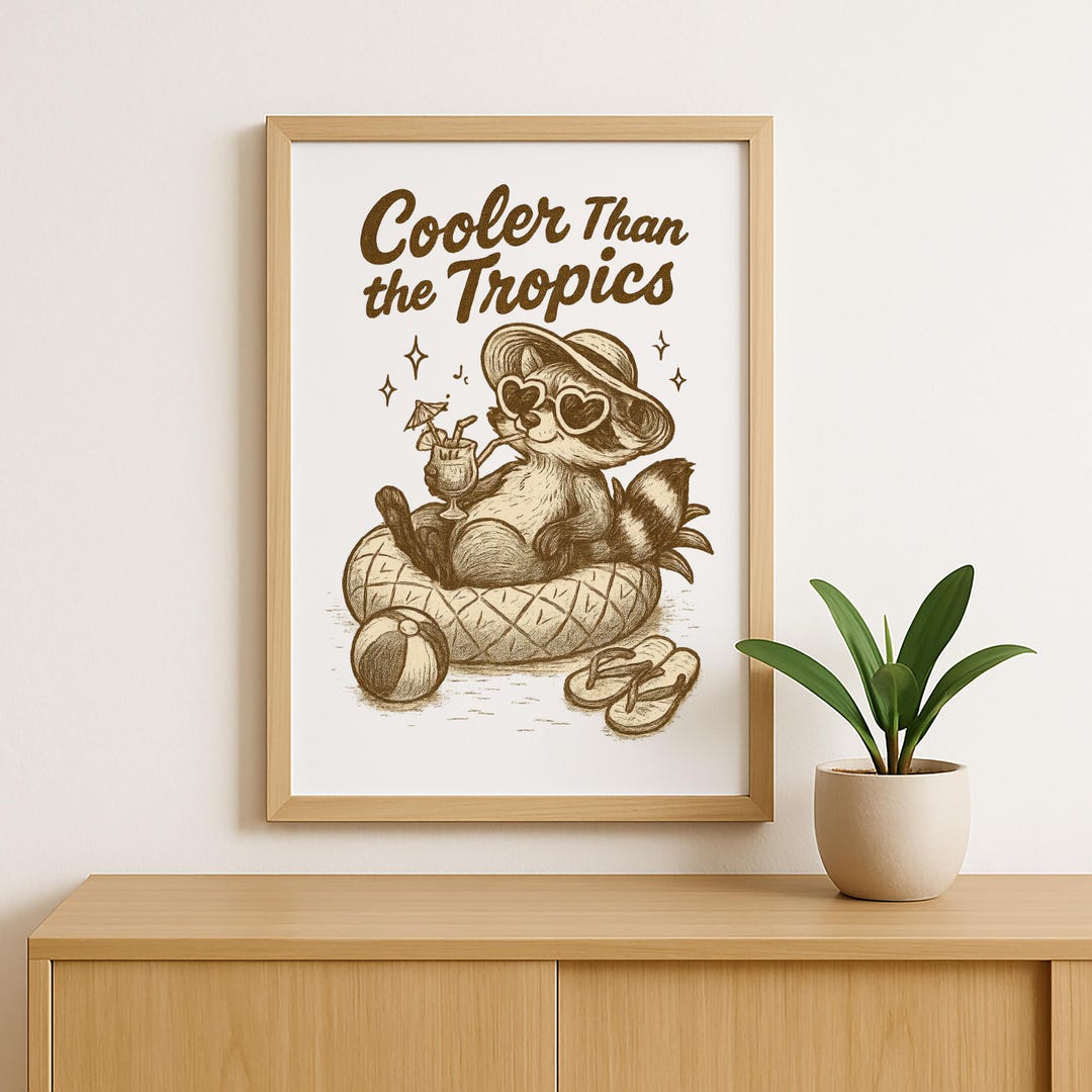 Cooler Than the Tropics Raccoon Wall Art | Funny Retro Animal Print ...