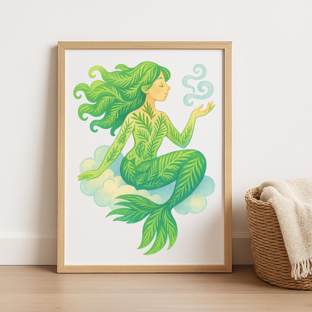 Nature Mermaid Wall Art, Green Botanical Fantasy Print, Eco Goddess ...