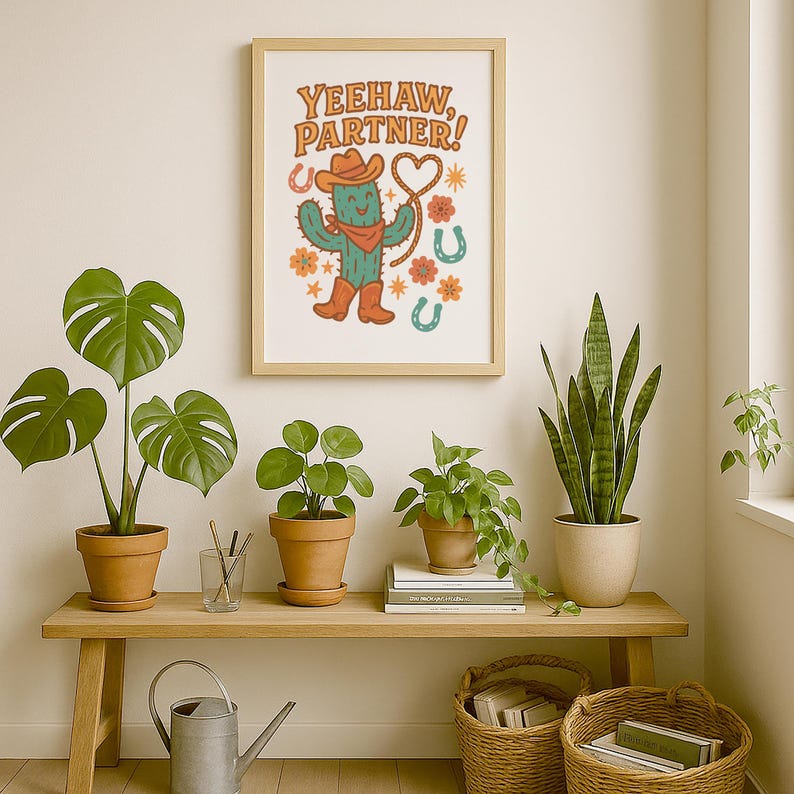Yeehaw Partner Cowboy Cactus Wall Art - Cute Western Print for Kids ...