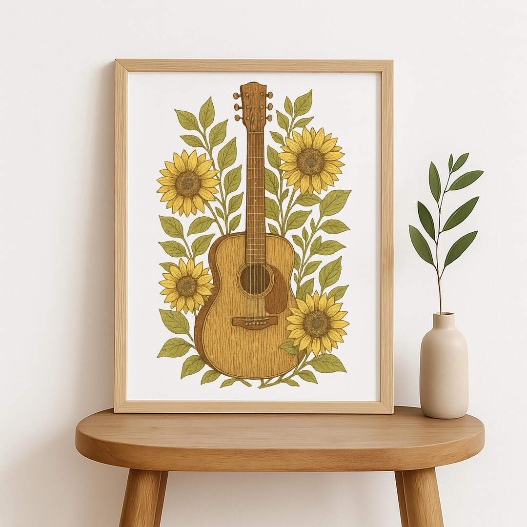Guitar and Sunflowers Wall Art - Rustic Country Music Print - Folk ...