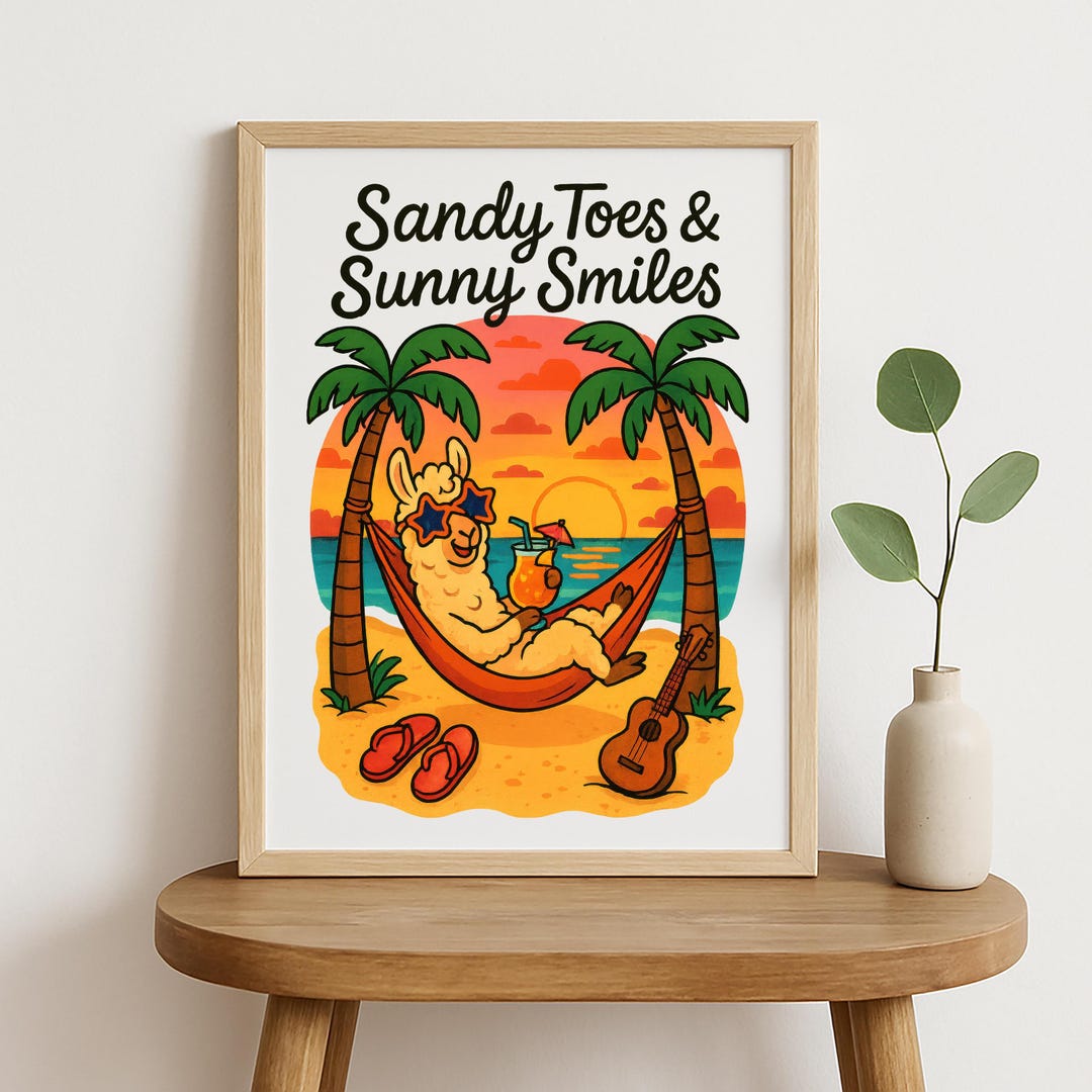 Sandy Toes and Sunny Smiles Wall Art, Funny Beach Llama Print, Tropical ...