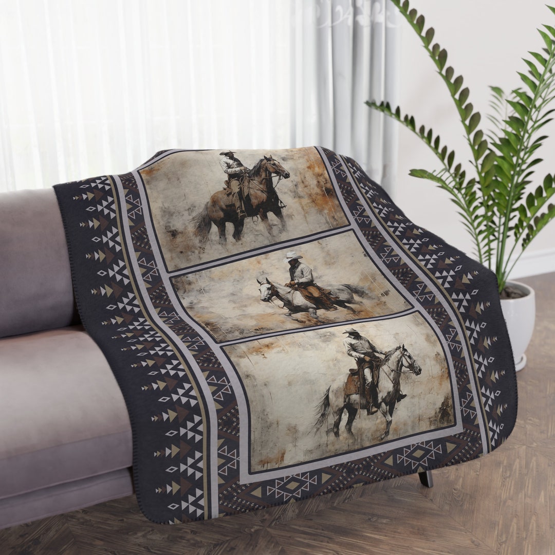 Wild West Cowboys Blanket, Western Horse Sherpa Throw, Navy Blue and ...