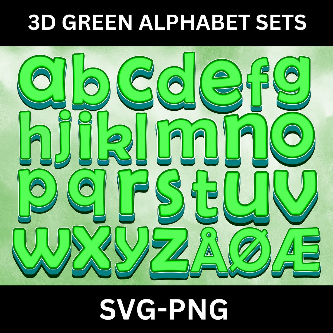 Green 3D Alphabets Clipart, Word Clipart, Alphabets Fonts, Digital ...