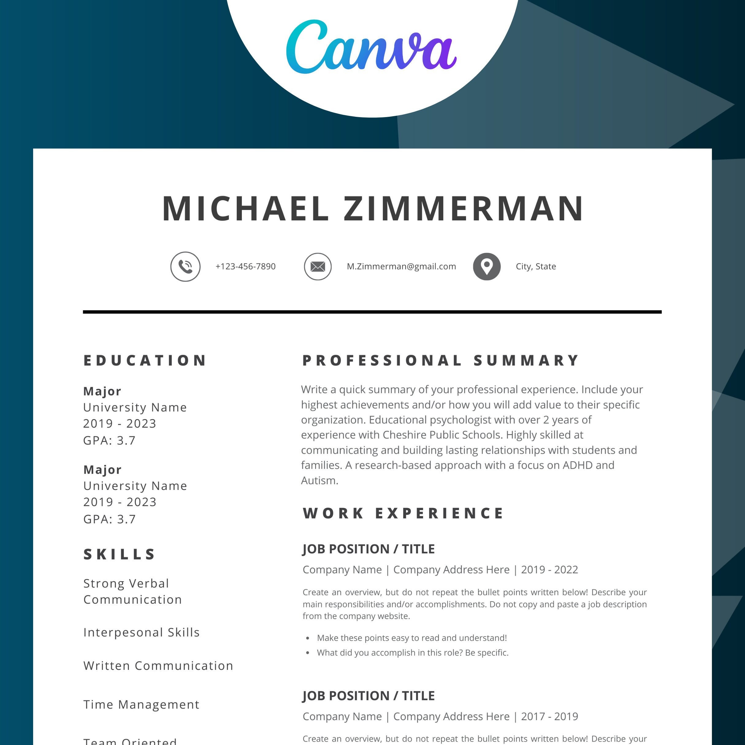 Classic Resume Template, Professional Resume, CV Template, Clean Resume ...