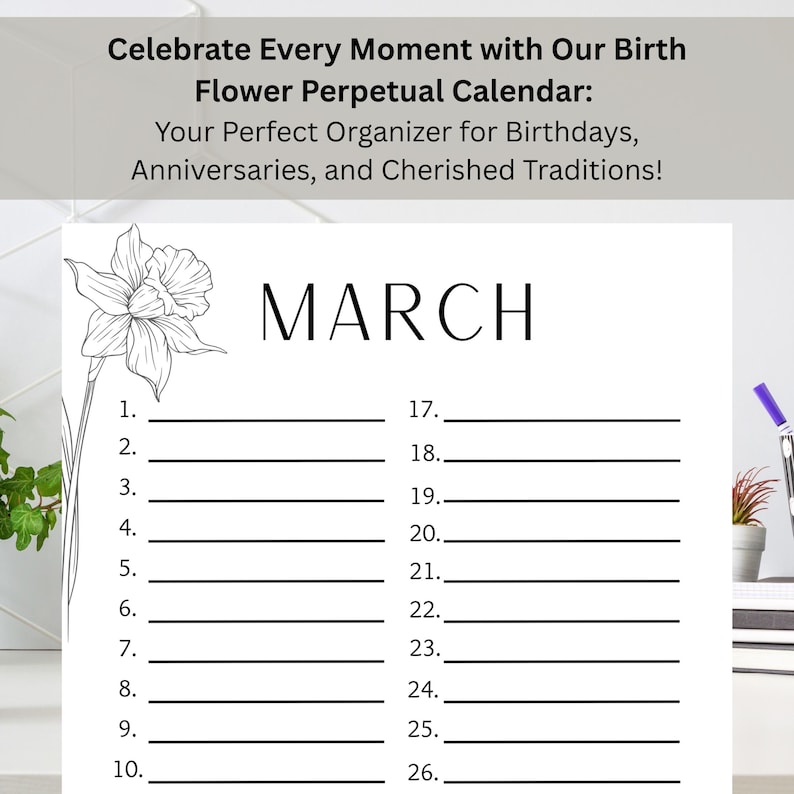 Printable Perpetual Birthday & Birth Flower Calendar, Printable Wall ...