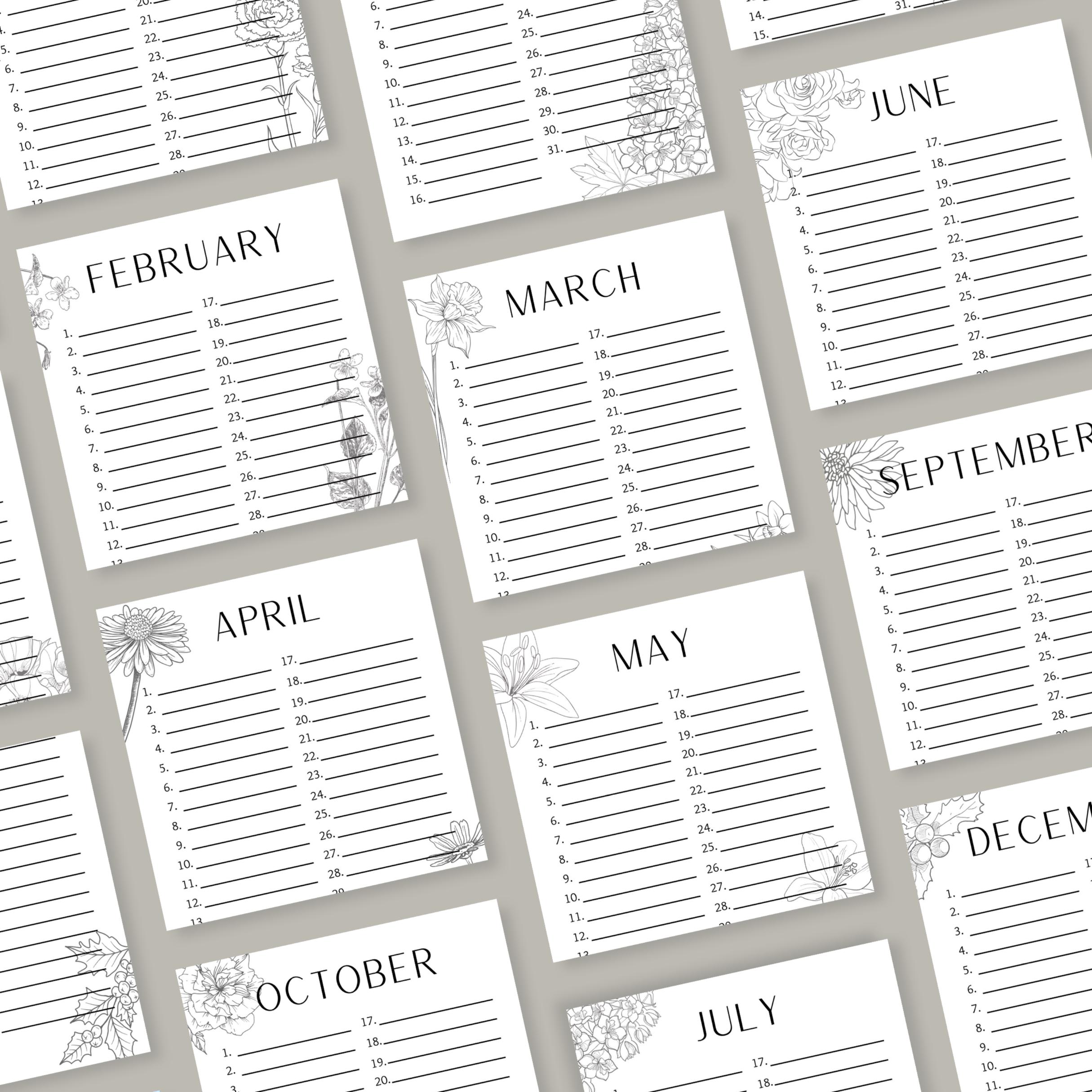 Printable Perpetual Birthday & Birth Flower Calendar, Printable Wall ...