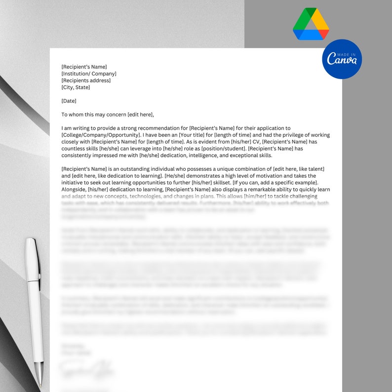 Professional Letter of Recommendation Template for Job Applications ...
