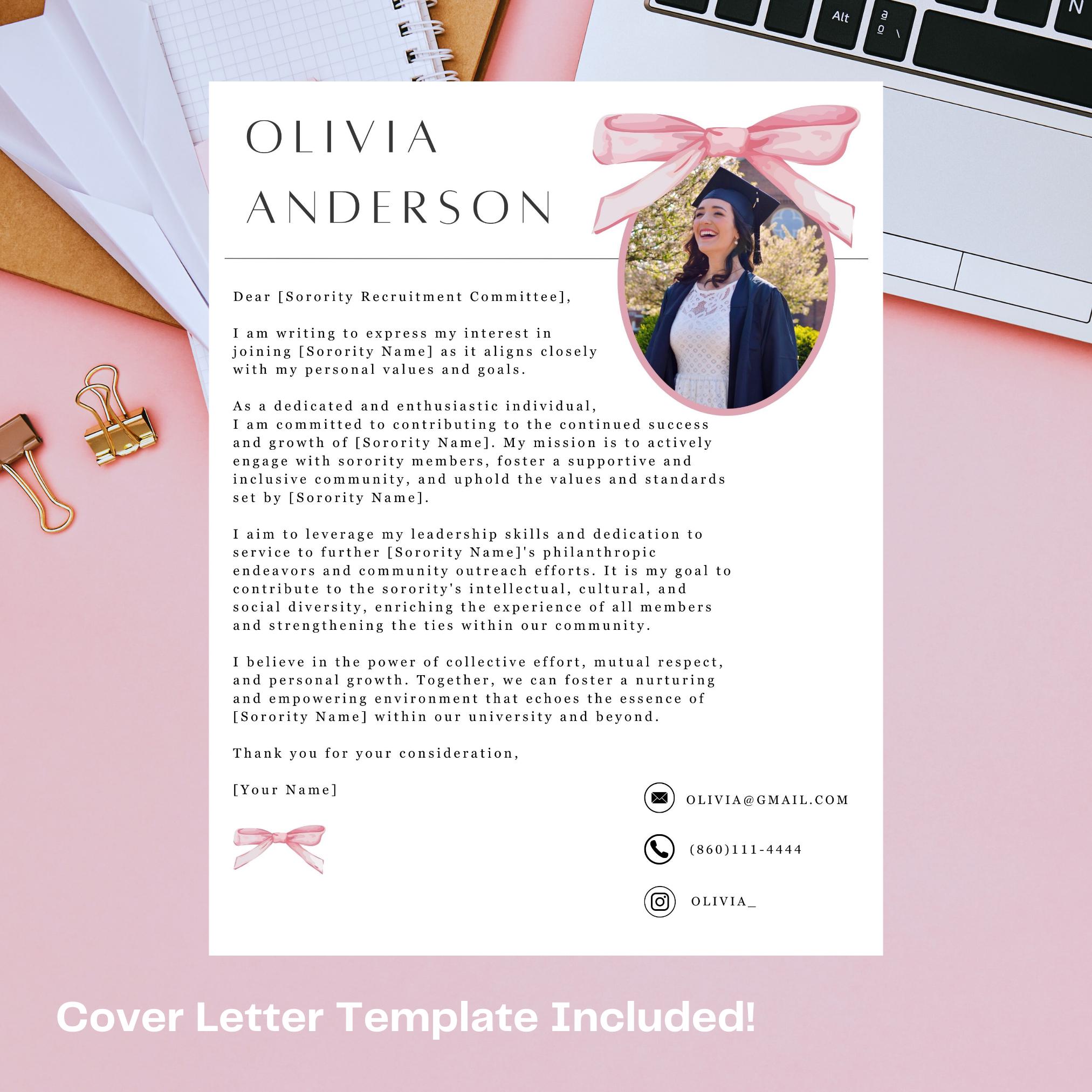Customizable Sorority Recruitment Resume Template With Photo, Cover ...