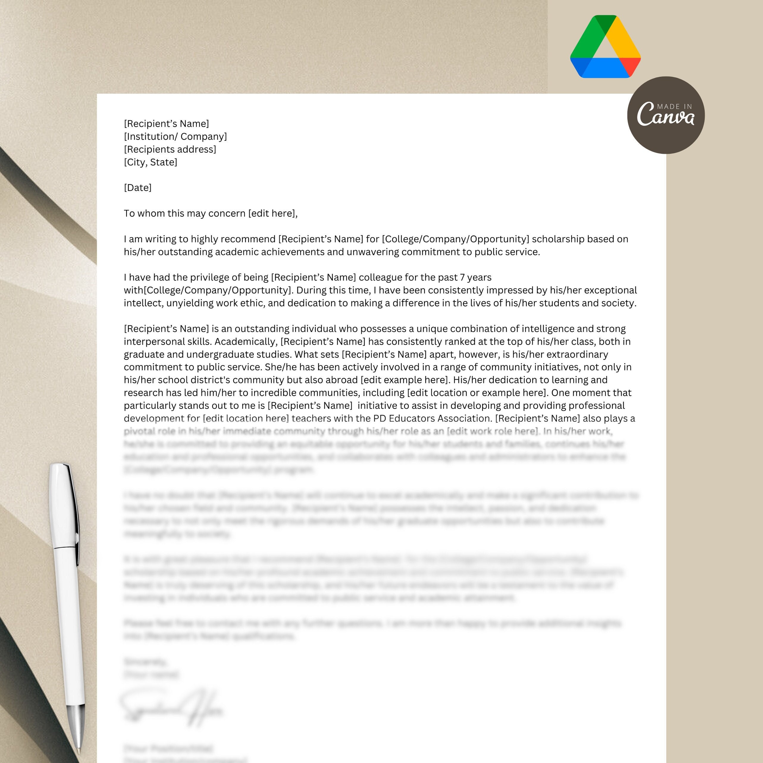 Professional Letter of Recommendation Template for Academic & Public ...