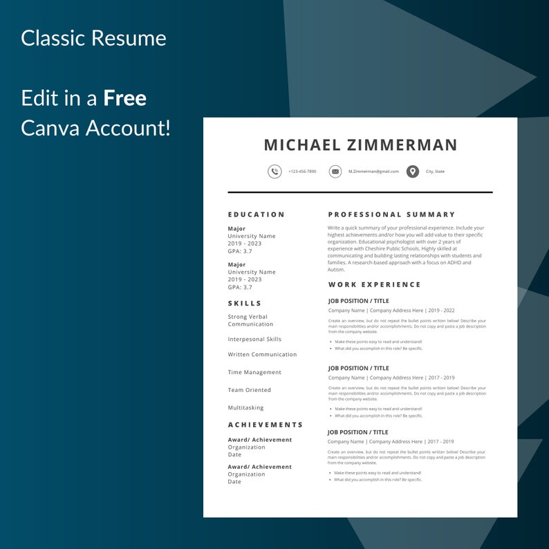 Classic Resume Template, Professional Resume, CV Template, Clean Resume ...