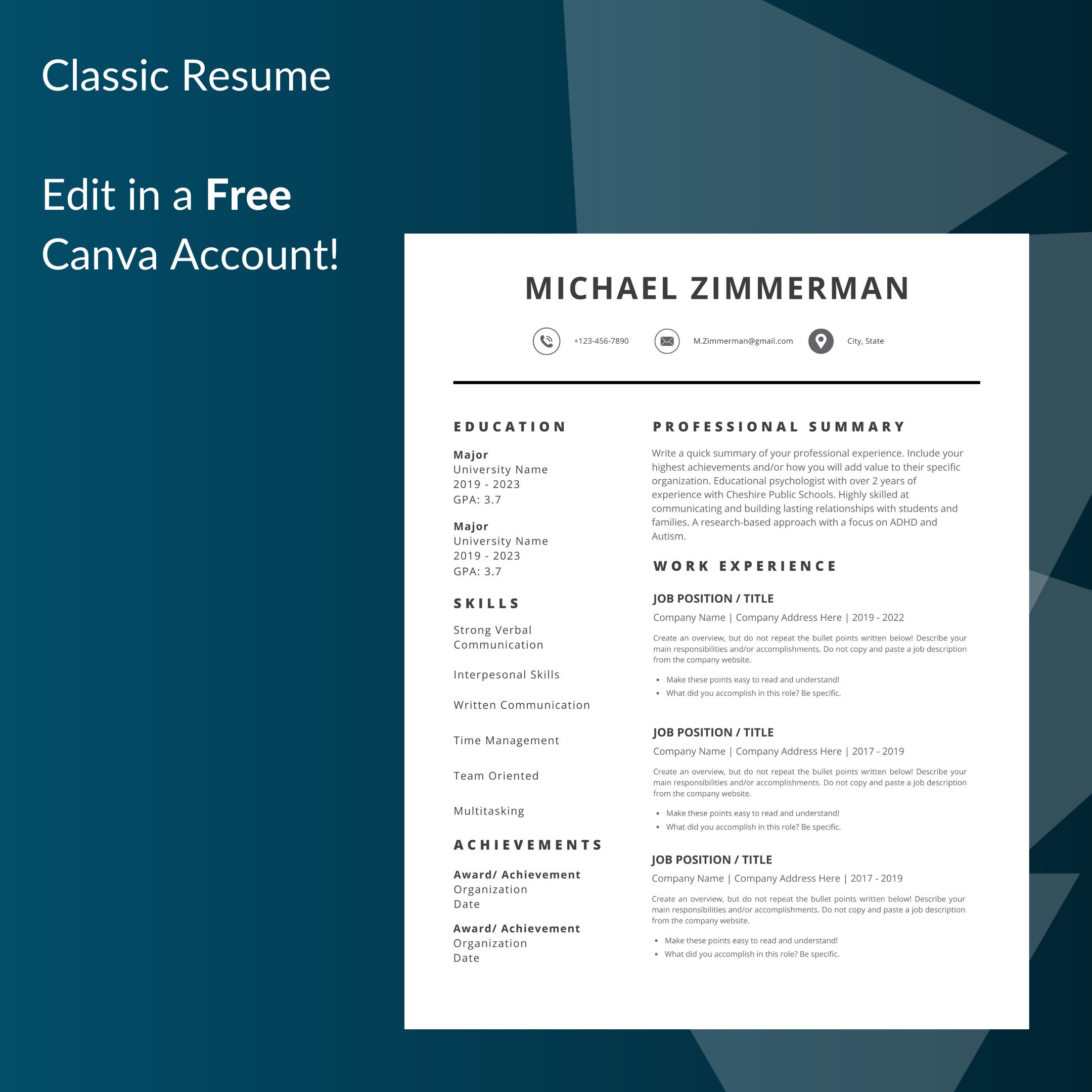 Classic Resume Template, Professional Resume, CV Template, Clean Resume ...