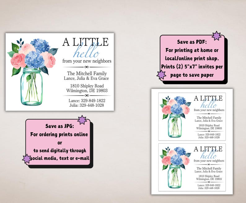 Hydrangea New Neighbor Introduction Card, Printable Hello From Your New ...