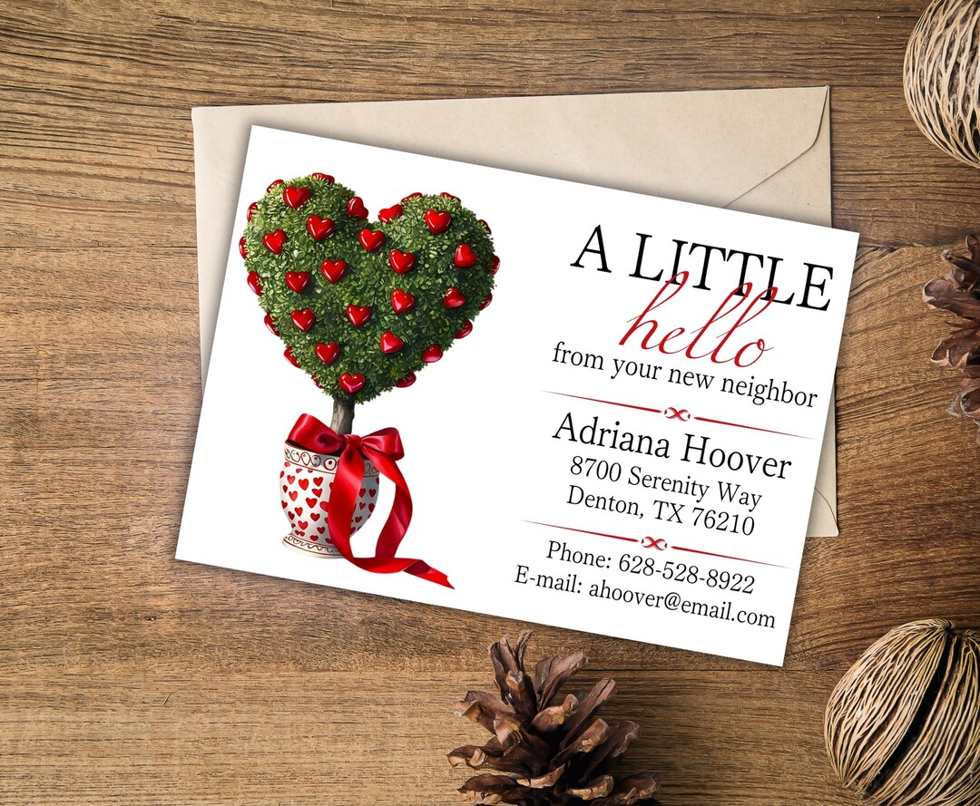 Hello New Neighbor Introduction Card, Heart Topiary, New Neighborhood ...
