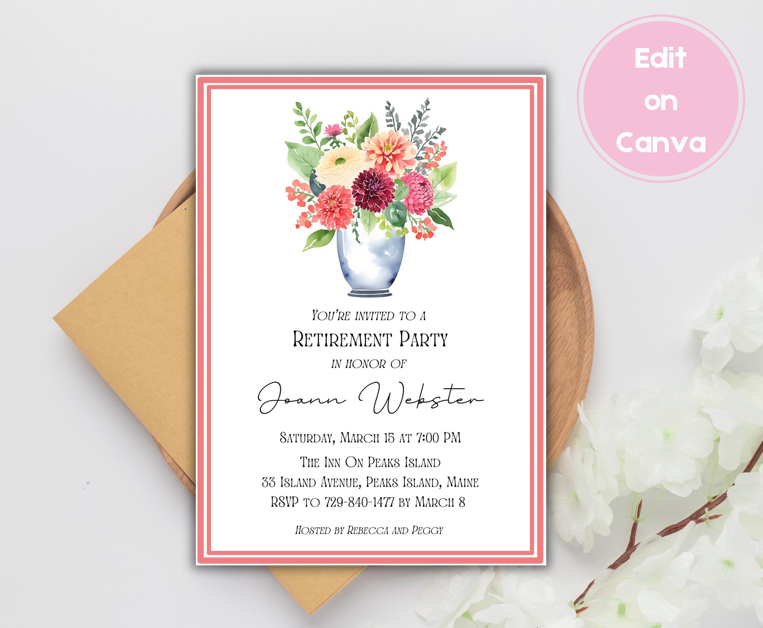Printable Floral Retirement Party Invitation Template, Watercolor ...