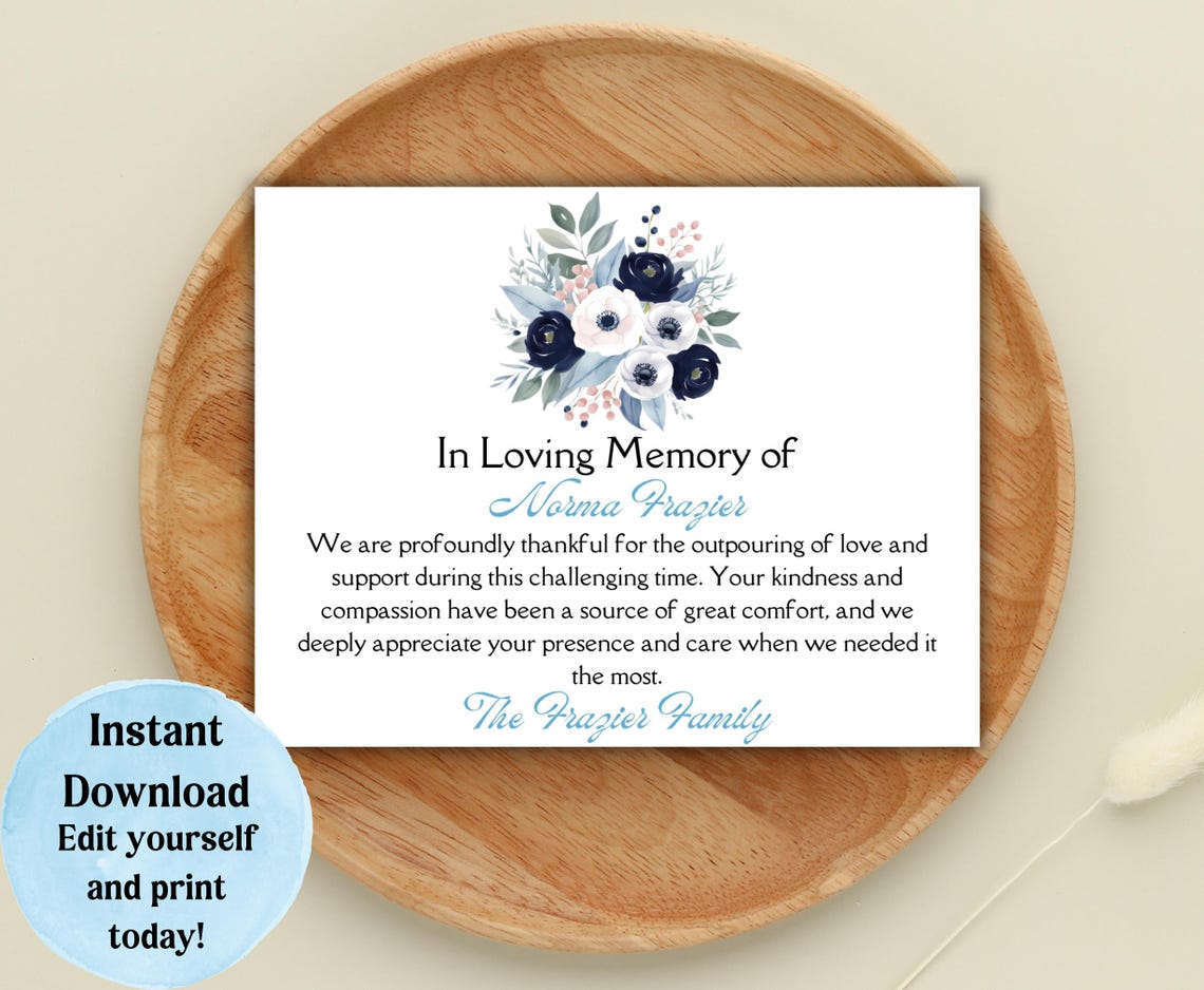 In Loving Memory Floral Funeral Thank You Card Template, Personalized ...
