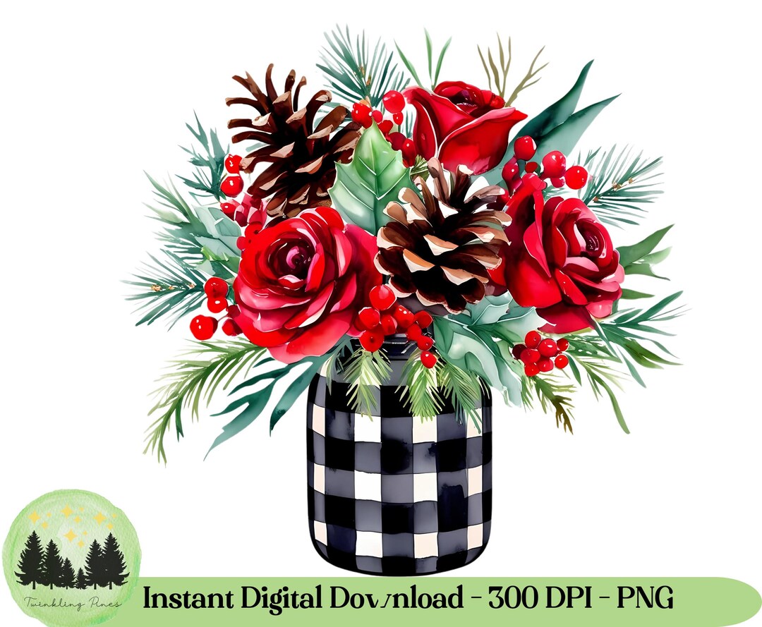 Buffalo Plaid Mason Jar Bouquet Clipart Christmas Holiday PNG, Red ...