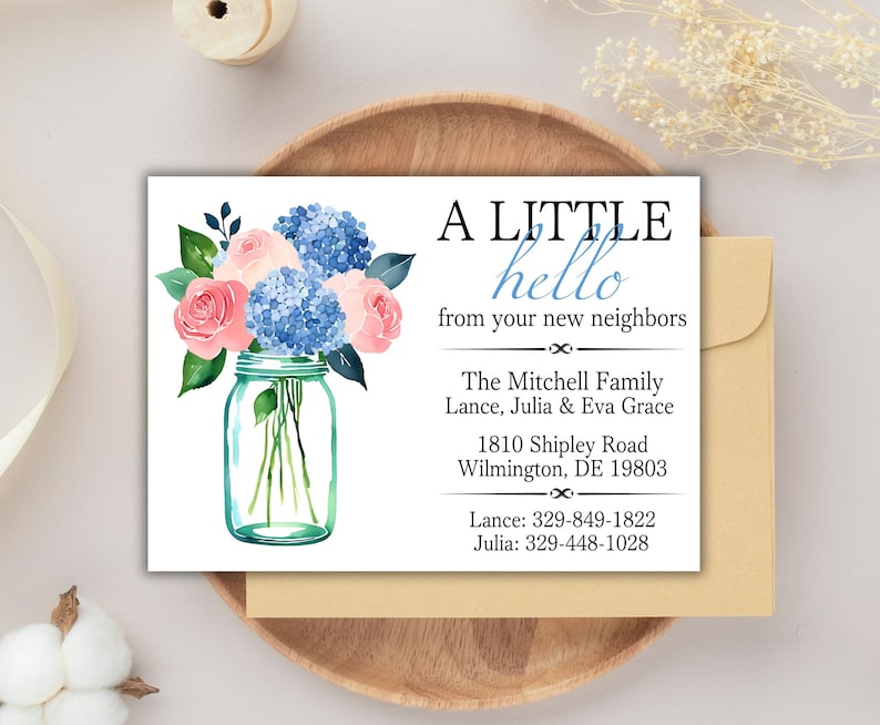 Hydrangea New Neighbor Introduction Card, Printable Hello From Your New ...