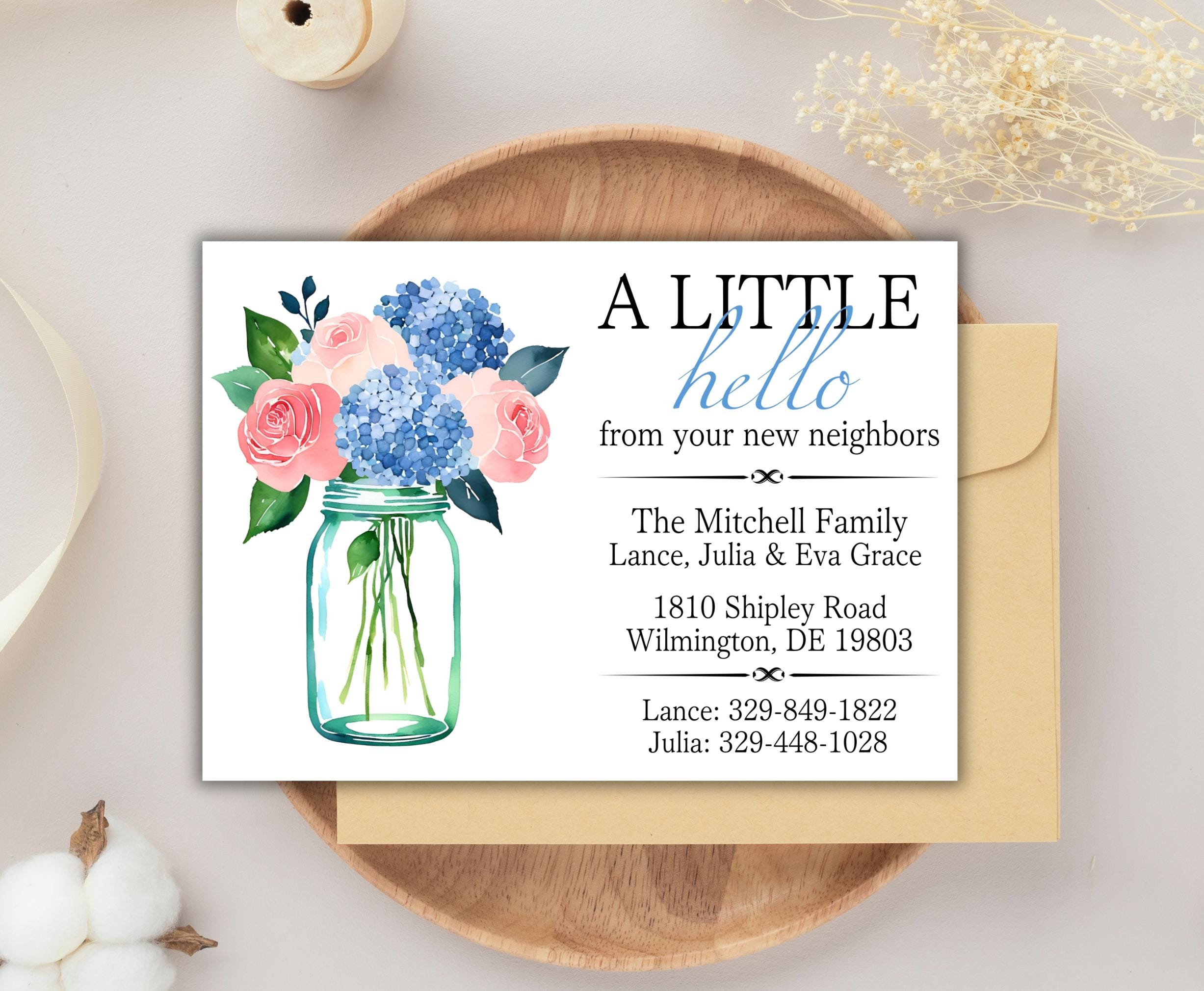 Hydrangea New Neighbor Introduction Card, Printable Hello From Your New ...