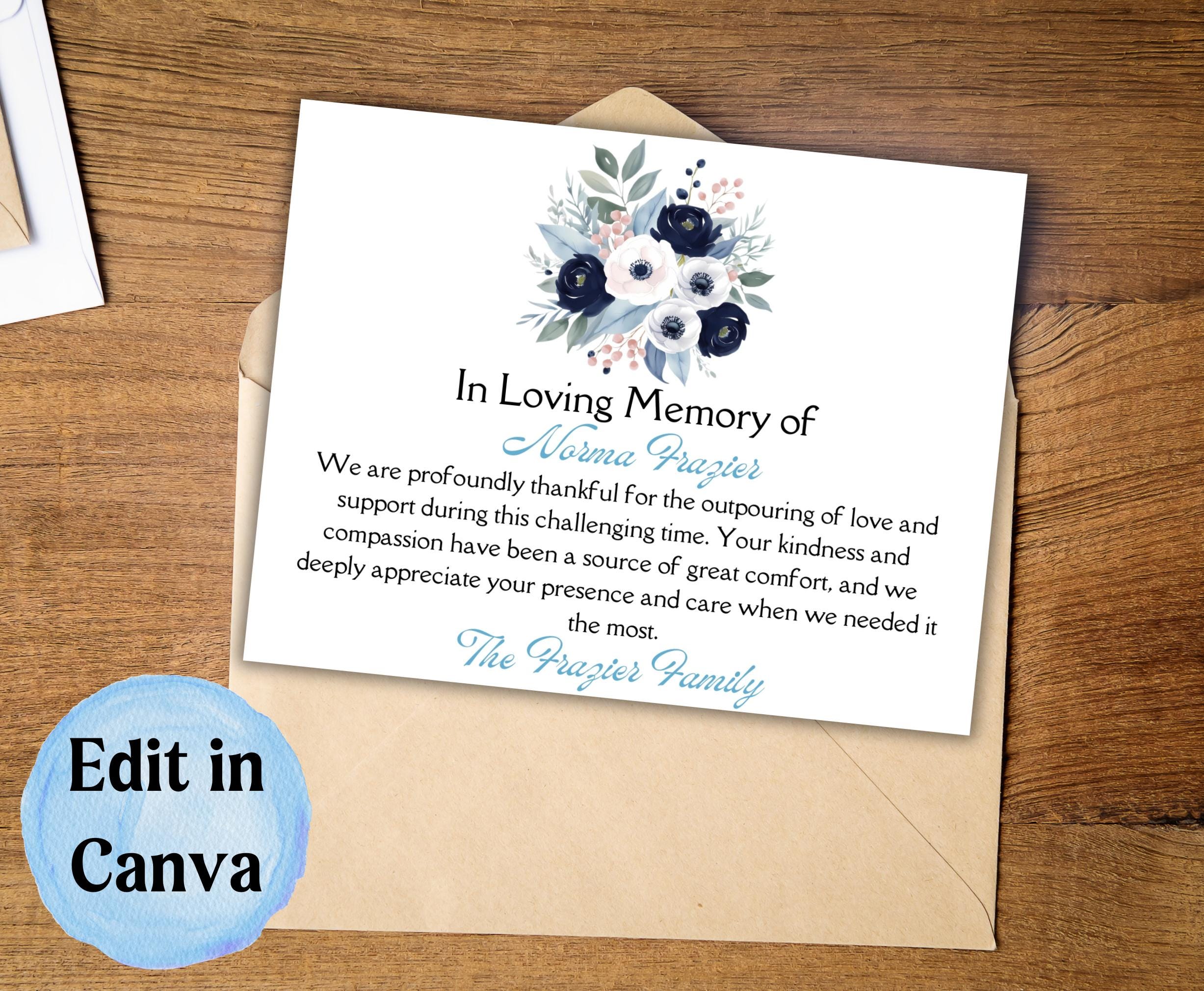 In Loving Memory Floral Funeral Thank You Card Template, Personalized ...