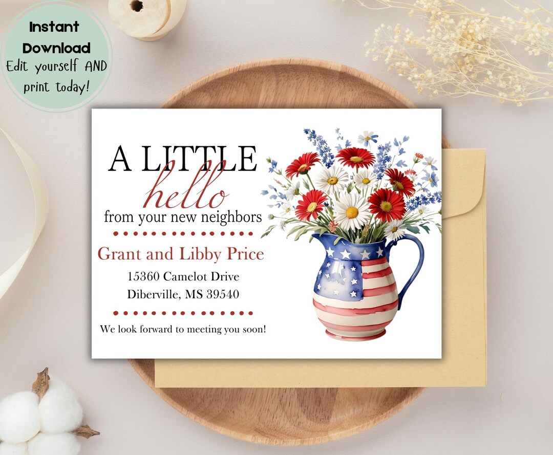 Patriotic New Neighbor Introduction Card, Floral A Little Hello New to ...