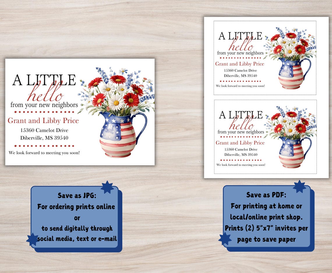 Patriotic New Neighbor Introduction Card, Floral A Little Hello New to ...
