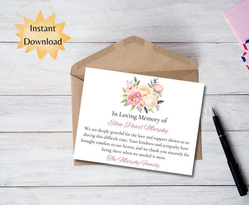 In Loving Memory Floral Funeral Thank You Card Template, Personalized ...