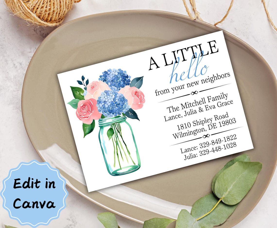 Hydrangea New Neighbor Introduction Card, Printable Hello From Your New ...