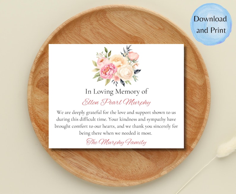 In Loving Memory Floral Funeral Thank You Card Template, Personalized ...