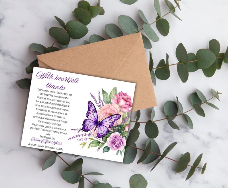 Printable With Heartfelt Thanks Butterfly Funeral Thank You Note ...