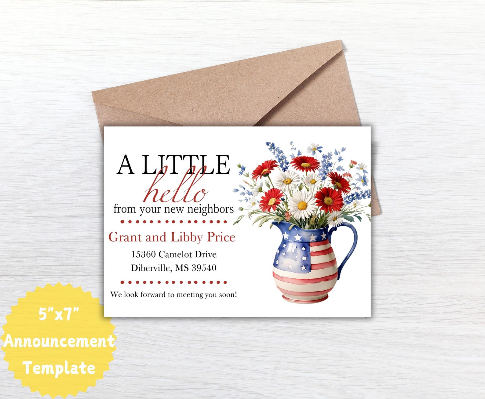Patriotic New Neighbor Introduction Card, Floral A Little Hello New to ...
