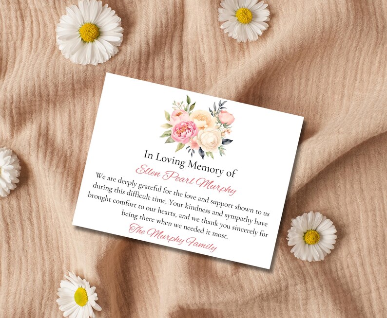 In Loving Memory Floral Funeral Thank You Card Template, Personalized ...