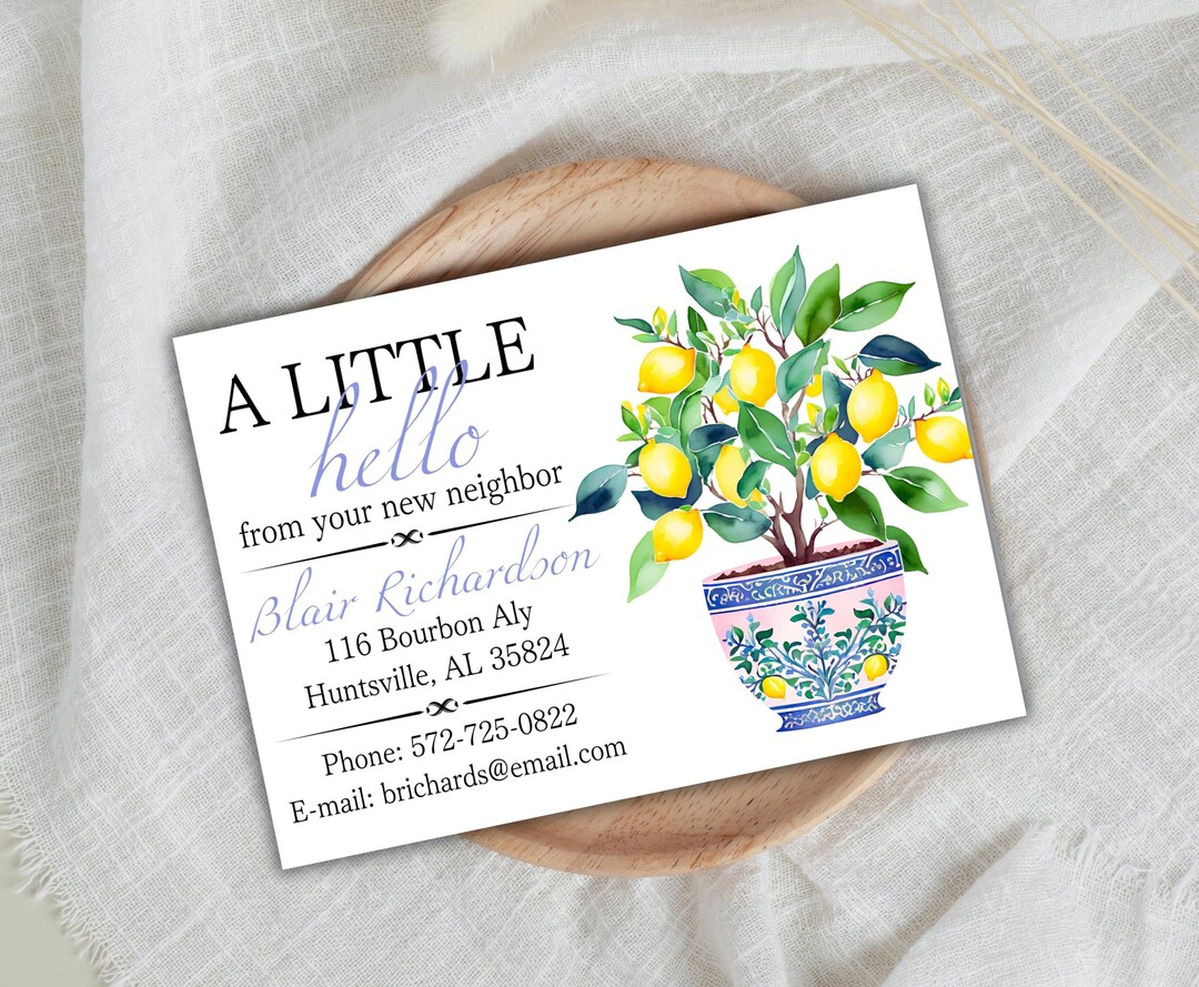 Lemon Topiary Tree New Neighbor Introduction Card, Printable Hello From ...