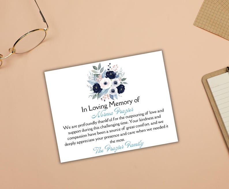 In Loving Memory Floral Funeral Thank You Card Template, Personalized ...