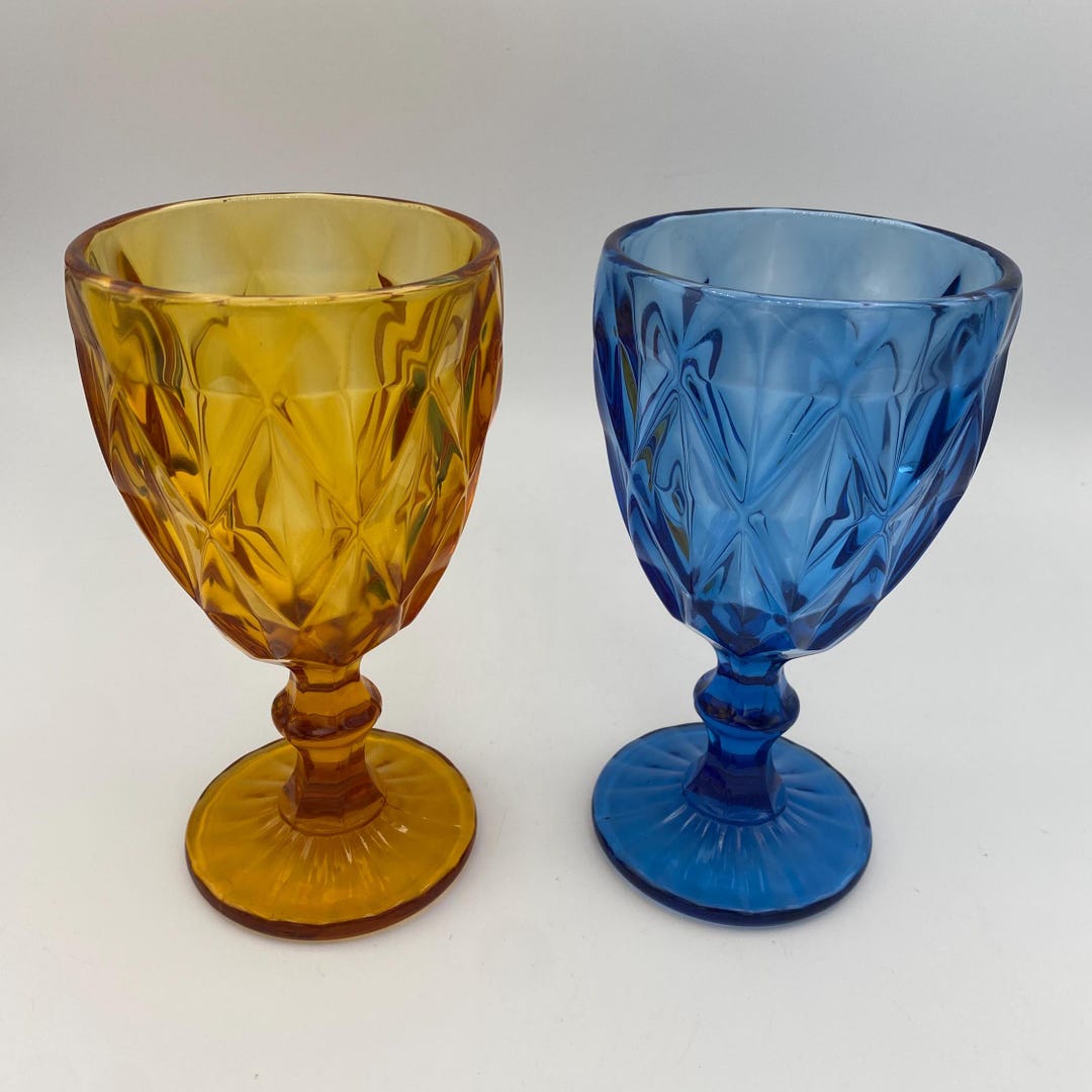 Two Mismatched Glass Goblets; Mismatch Glasses; Stemmed Glassware; Blue ...