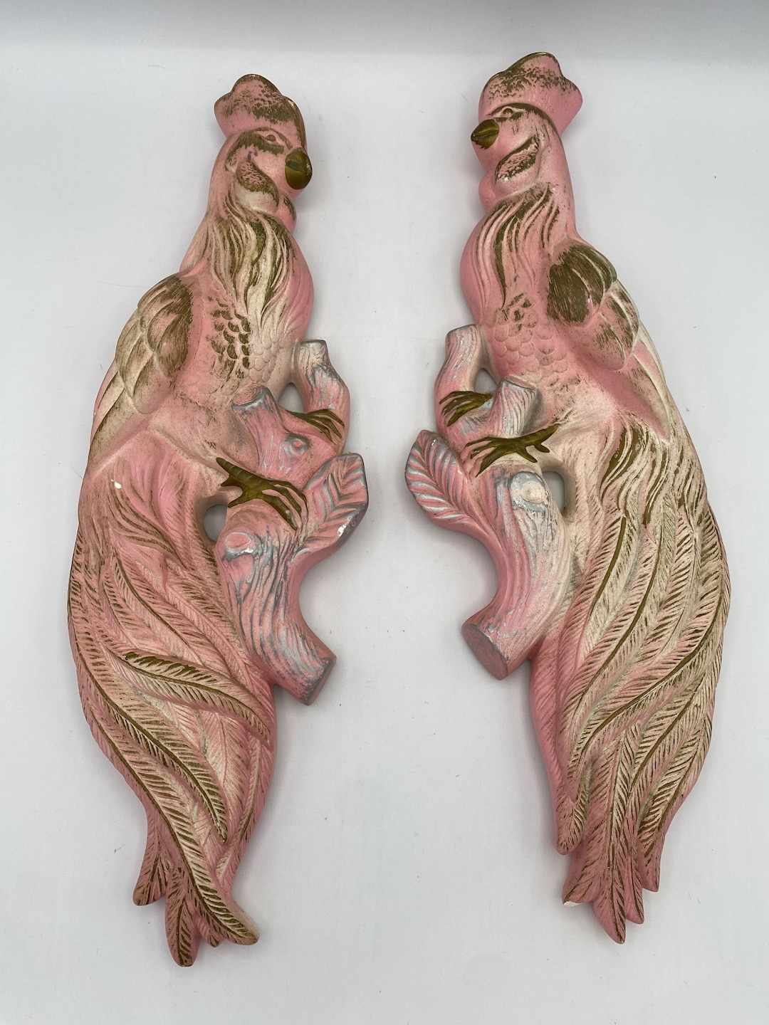 Vintage Pink Chalkware Bird Wall Plaques; MCM Decor; Miller Studio ...